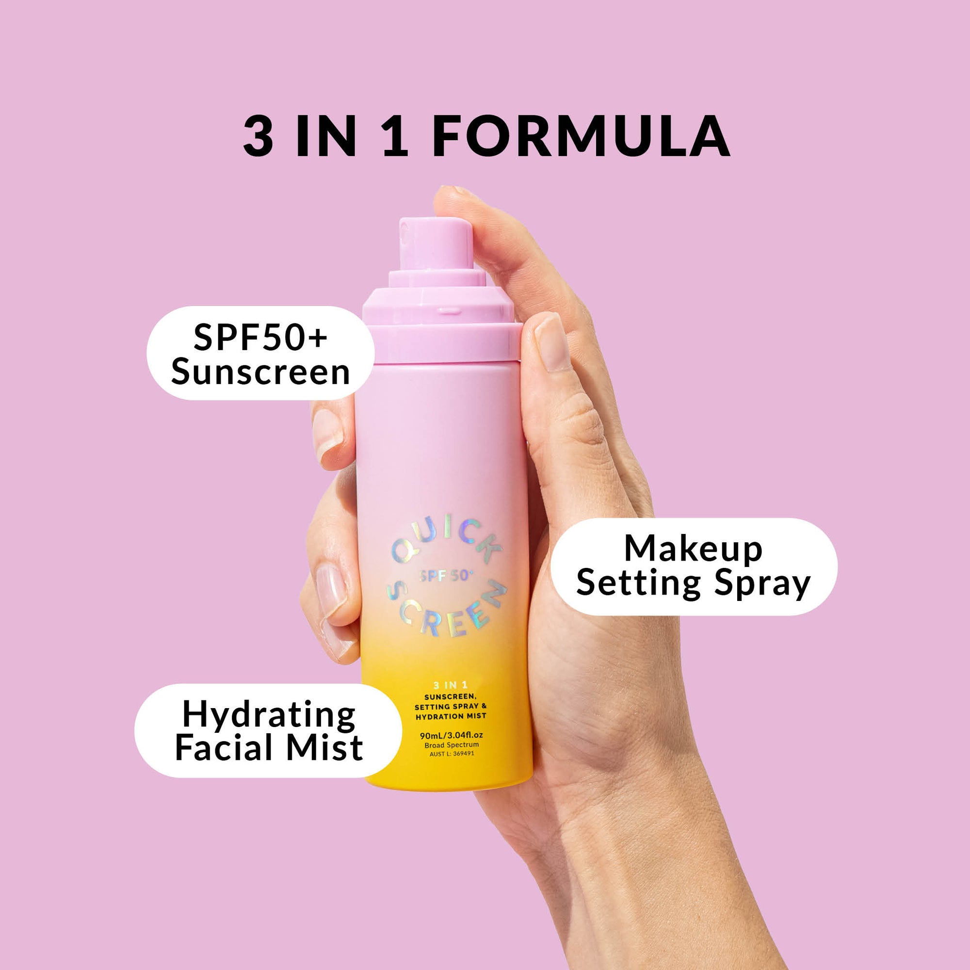 The Quick Flick SPF50+ 3 in 1 Sunscreen, Setting Spray & Hydration Mist